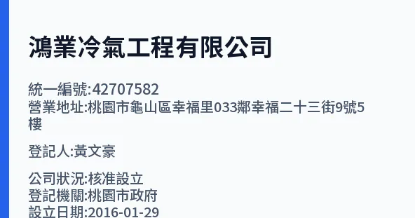 鴻業冷氣工程有限公司的照片-統編 42707582(桃園市) 公司登記資料與營業項目詳細圖表