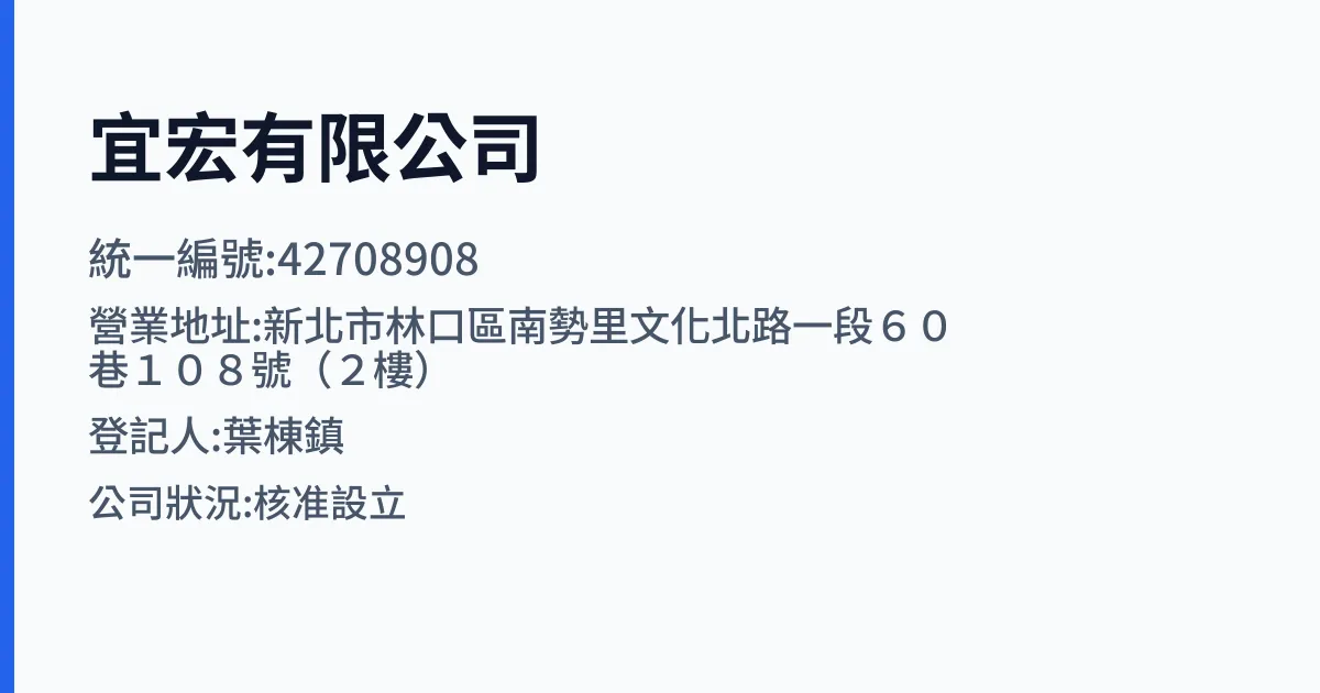 宜宏有限公司 - 統編 42708908(新北市) 公司登記資料與營業項目詳細圖表