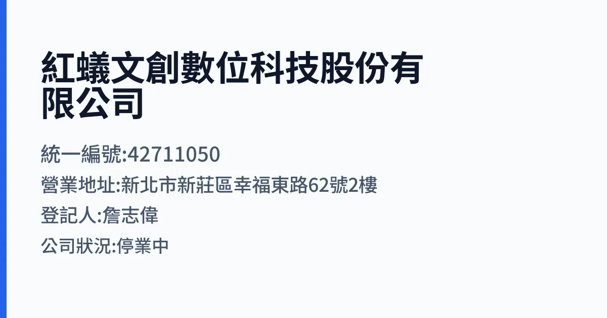 紅蟻文創數位科技股份有限公司 - 統編 42711050(新北市) 公司登記資料與營業項目詳細圖表