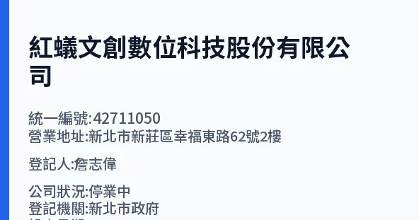 紅蟻文創數位科技股份有限公司的照片-統編 42711050(新北市) 公司登記資料與營業項目詳細圖表