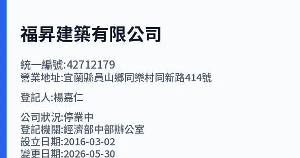 福昇建築有限公司的照片-統編 42712179(宜蘭縣) 公司登記資料與營業項目詳細圖表