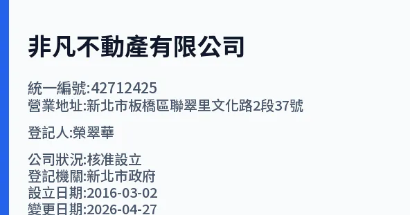非凡不動產有限公司的照片-統編 42712425(新北市) 公司登記資料與營業項目詳細圖表