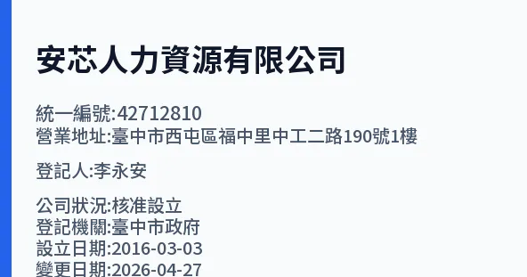 安芯人力資源有限公司的照片-統編 42712810(臺中市) 公司登記資料與營業項目詳細圖表