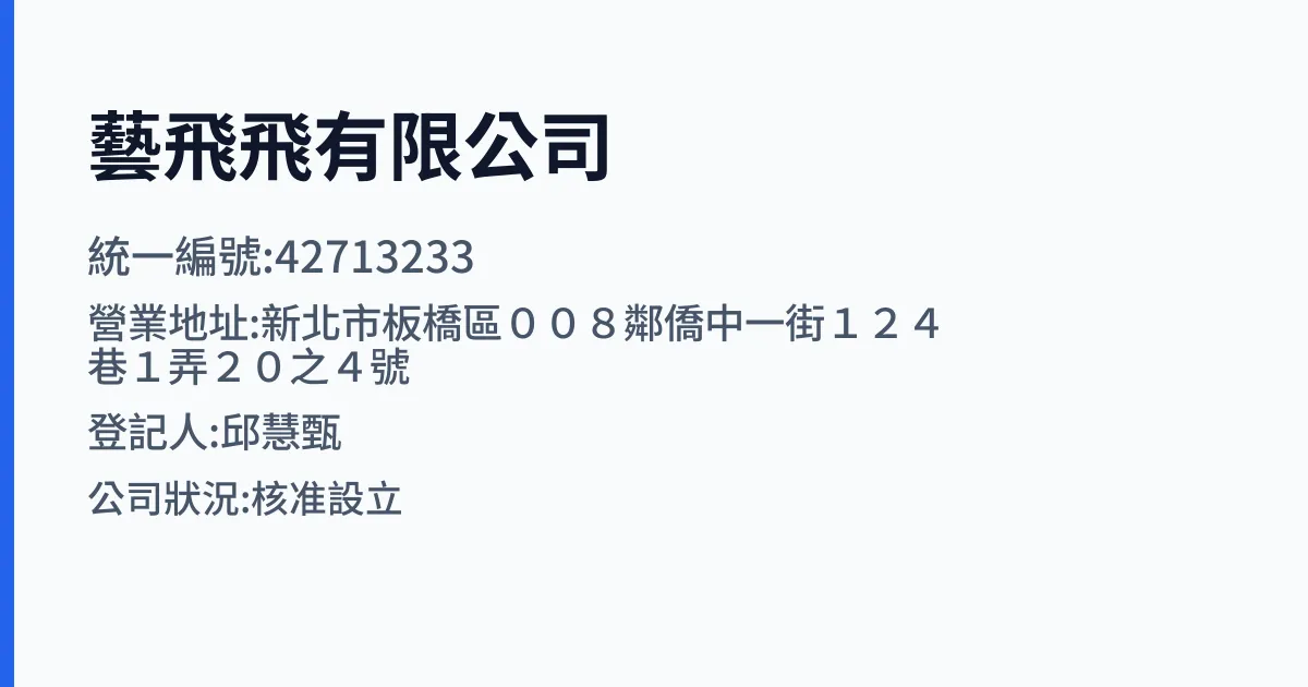 藝飛飛有限公司 - 統編 42713233（新北市） 公司登記資料與營業項目詳細圖表