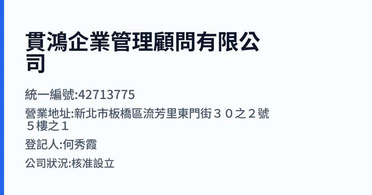 貫鴻企業管理顧問有限公司 - 統編 42713775(新北市) 公司登記資料與營業項目詳細圖表