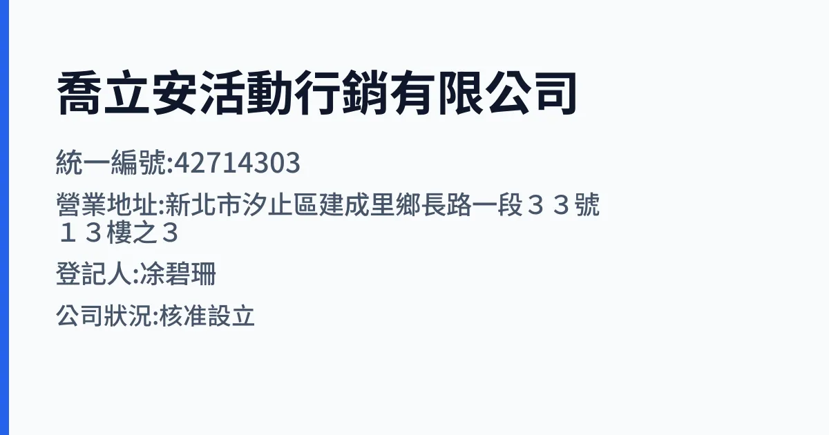 喬立安活動行銷有限公司 - 統編 42714303(新北市) 公司登記資料與營業項目詳細圖表