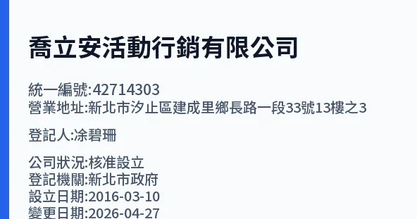 喬立安活動行銷有限公司的照片-統編 42714303(新北市) 公司登記資料與營業項目詳細圖表