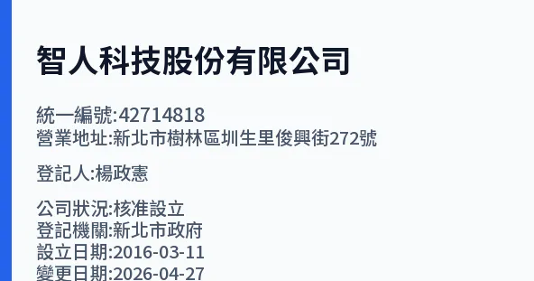 智人科技股份有限公司的照片-統編 42714818(新北市) 公司登記資料與營業項目詳細圖表