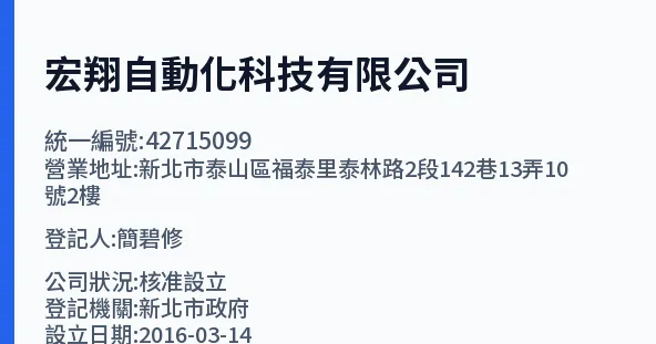 宏翔自動化科技有限公司的照片-統編 42715099(新北市) 公司登記資料與營業項目詳細圖表