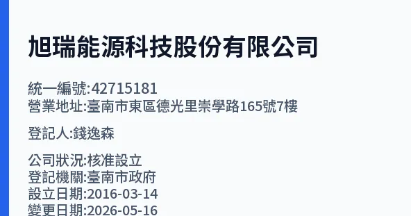 旭瑞能源科技股份有限公司的照片-統編 42715181(臺南市) 公司登記資料與營業項目詳細圖表