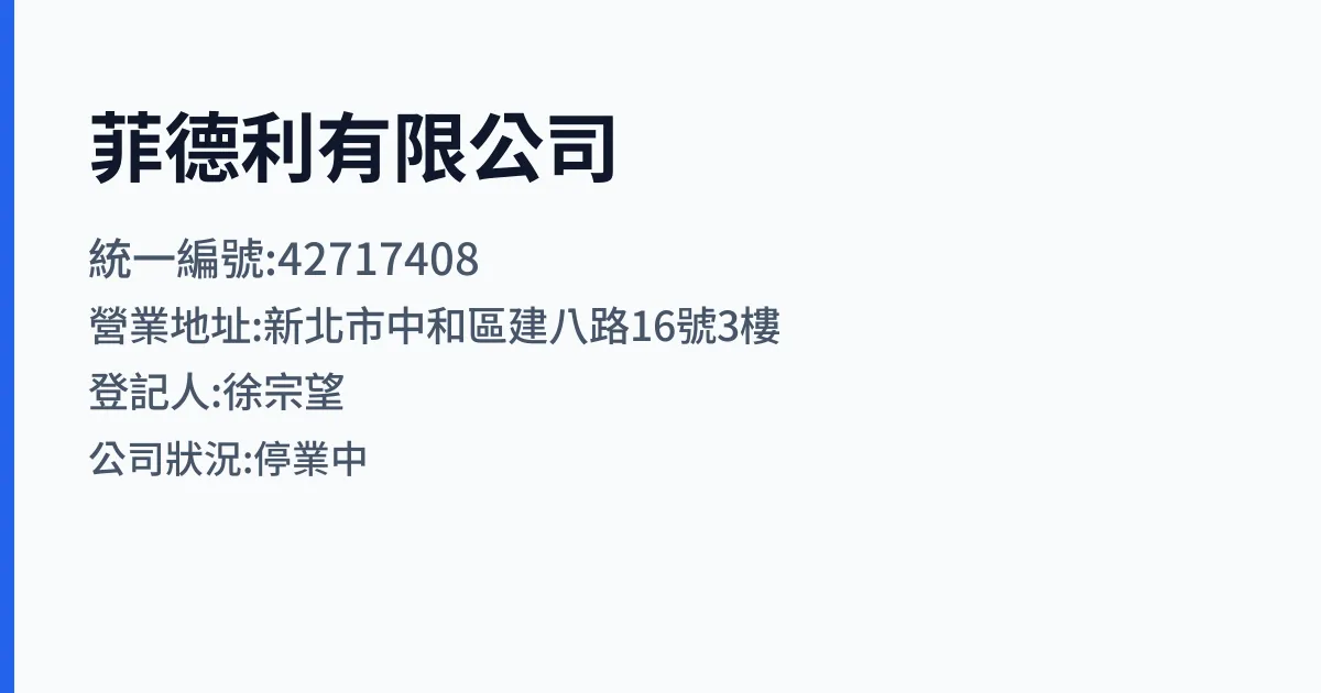菲德利有限公司 - 統編 42717408(新北市) 公司登記資料與營業項目詳細圖表
