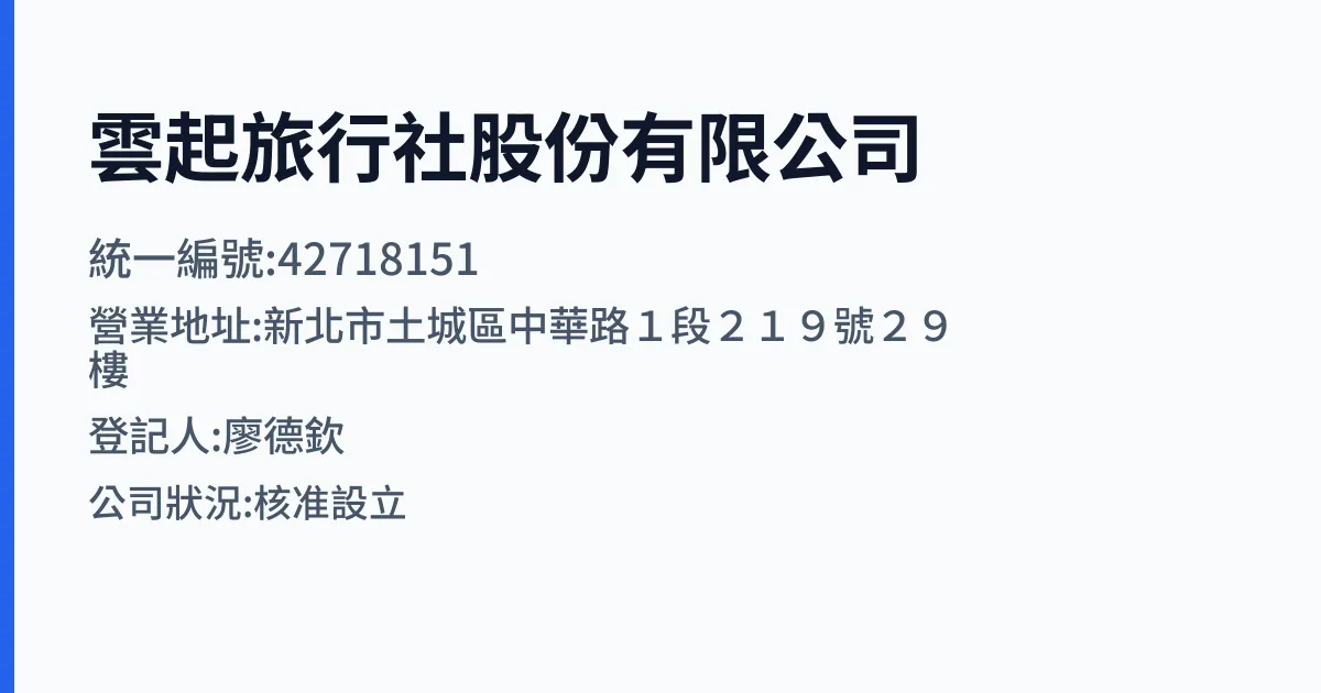雲起旅行社股份有限公司 - 統編 42718151(新北市) 公司登記資料與營業項目詳細圖表