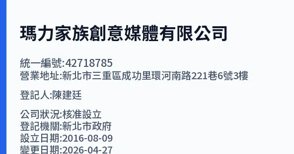 瑪力家族創意媒體有限公司的照片-統編 42718785(新北市) 公司登記資料與營業項目詳細圖表