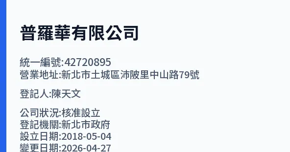 普羅華有限公司的照片-統編 42720895(新北市) 公司登記資料與營業項目詳細圖表