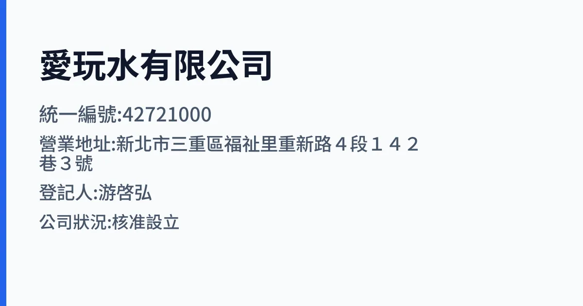 愛玩水有限公司 - 統編 42721000(新北市) 公司登記資料與營業項目詳細圖表