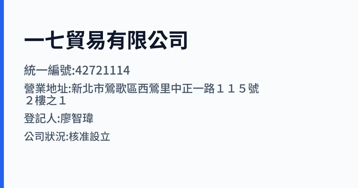 一七貿易有限公司 - 統編 42721114(新北市) 公司登記資料與營業項目詳細圖表