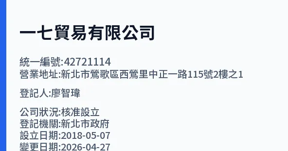 一七貿易有限公司的照片-統編 42721114(新北市) 公司登記資料與營業項目詳細圖表