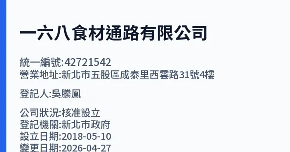 一六八食材通路有限公司的照片-統編 42721542(新北市) 公司登記資料與營業項目詳細圖表