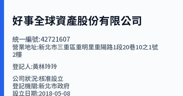 好事全球資產股份有限公司的照片-統編 42721607(新北市) 公司登記資料與營業項目詳細圖表