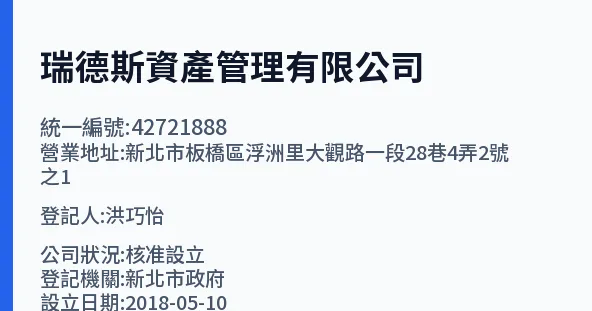 瑞德斯資產管理有限公司的照片-統編 42721888(新北市) 公司登記資料與營業項目詳細圖表