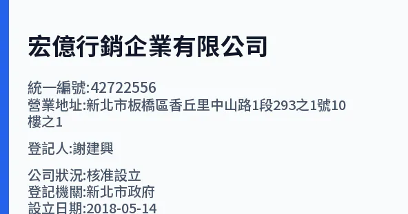 宏億行銷企業有限公司的照片-統編 42722556(新北市) 公司登記資料與營業項目詳細圖表