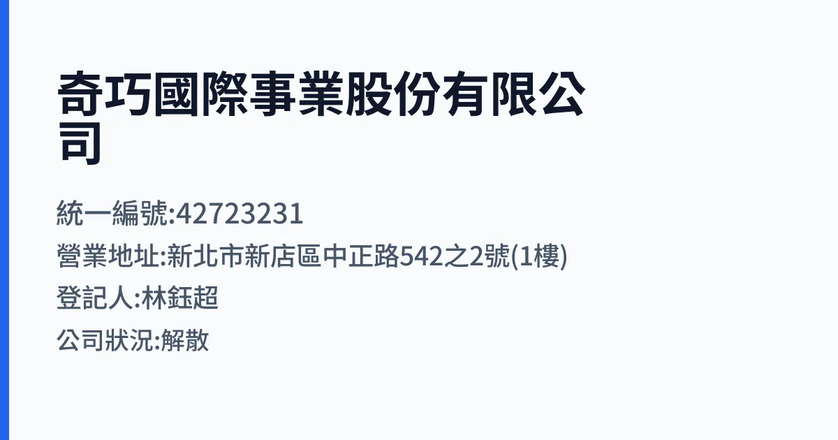 奇巧國際事業股份有限公司 - 統編 42723231(新北市) 公司登記資料與營業項目詳細圖表