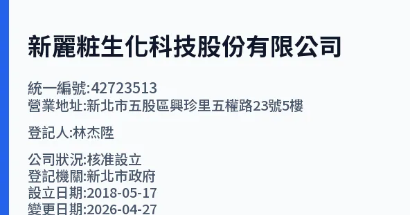 新麗粧生化科技股份有限公司的照片-統編 42723513(新北市) 公司登記資料與營業項目詳細圖表