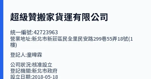 超級贊搬家貨運有限公司的照片-統編 42723963(新北市) 公司登記資料與營業項目詳細圖表
