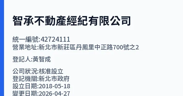 智承不動產經紀有限公司的照片-統編 42724111(新北市) 公司登記資料與營業項目詳細圖表
