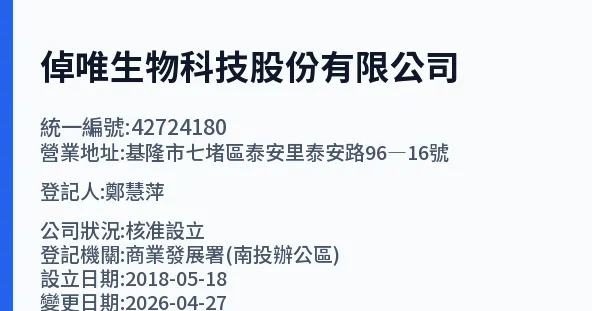倬唯生物科技股份有限公司的照片-統編 42724180(基隆市) 公司登記資料與營業項目詳細圖表