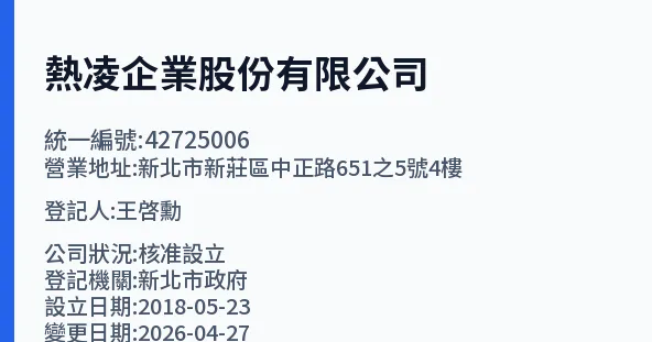熱凌企業股份有限公司的照片-統編 42725006(新北市) 公司登記資料與營業項目詳細圖表