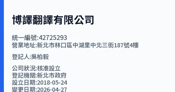 博譯翻譯有限公司的照片-統編 42725293(新北市) 公司登記資料與營業項目詳細圖表