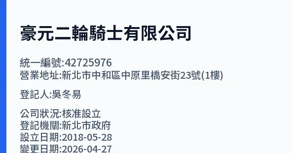 豪元二輪騎士有限公司的照片-統編 42725976(新北市) 公司登記資料與營業項目詳細圖表
