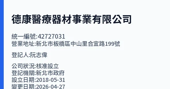 德康醫療器材事業有限公司的照片-統編 42727031(新北市) 公司登記資料與營業項目詳細圖表