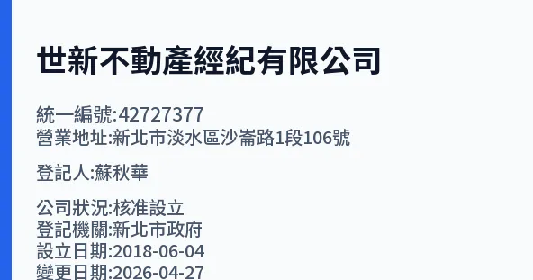 世新不動產經紀有限公司的照片-統編 42727377(新北市) 公司登記資料與營業項目詳細圖表