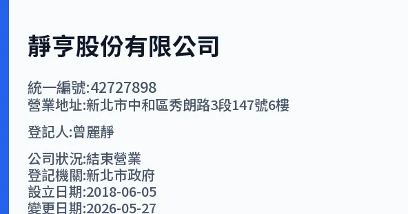 靜亨股份有限公司的照片-統編 42727898(新北市) 公司登記資料與營業項目詳細圖表