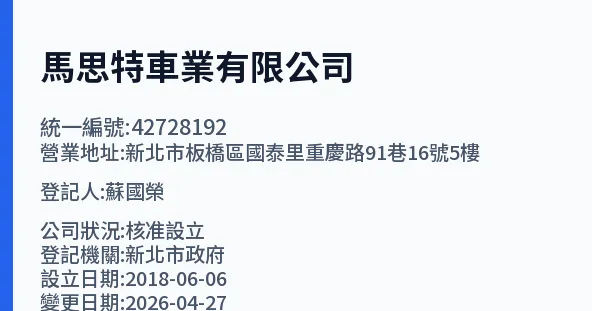 馬思特車業有限公司的照片-統編 42728192(新北市) 公司登記資料與營業項目詳細圖表