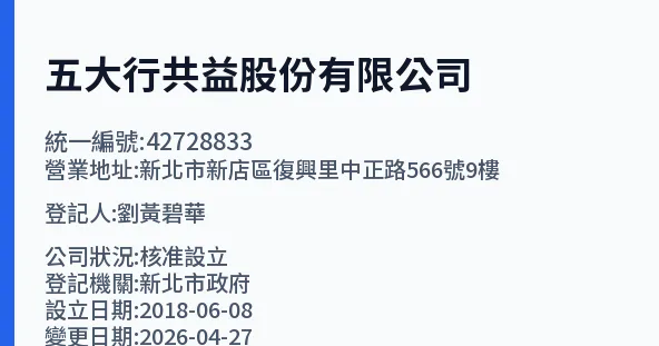 五大行共益股份有限公司的照片-統編 42728833(新北市) 公司登記資料與營業項目詳細圖表