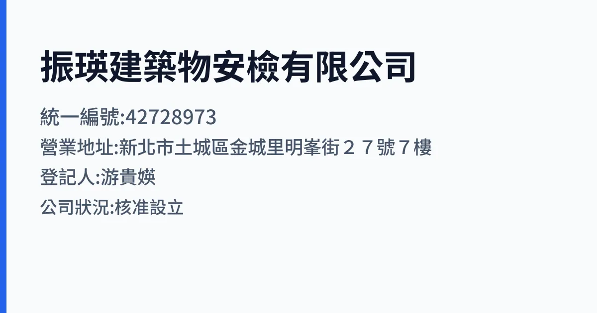 振瑛建築物安檢有限公司 - 統編 42728973(新北市) 公司登記資料與營業項目詳細圖表