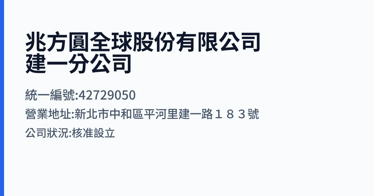兆方圓全球股份有限公司建一分公司 - 統編 42729050(新北市) 公司登記資料與營業項目詳細圖表