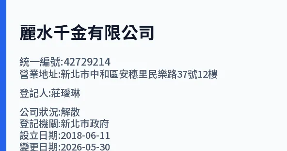 麗水千金有限公司的照片-統編 42729214(新北市) 公司登記資料與營業項目詳細圖表