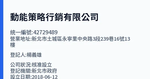 動能策略行銷有限公司的照片-統編 42729489(新北市) 公司登記資料與營業項目詳細圖表