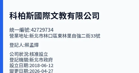 科柏斯國際文教有限公司的照片-統編 42729734(新北市) 公司登記資料與營業項目詳細圖表