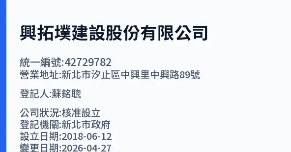 興拓墣建設股份有限公司的照片-統編 42729782(新北市) 公司登記資料與營業項目詳細圖表