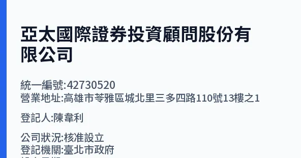 亞太國際證券投資顧問股份有限公司的照片-統編 42730520(高雄市) 公司登記資料與營業項目詳細圖表