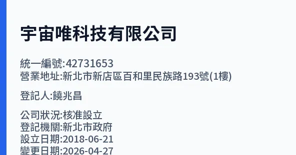 宇宙唯科技有限公司的照片-統編 42731653(新北市) 公司登記資料與營業項目詳細圖表
