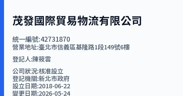 茂發國際貿易物流有限公司的照片-統編 42731870(新北市) 公司登記資料與營業項目詳細圖表