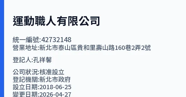 運動職人有限公司的照片-統編 42732148(新北市) 公司登記資料與營業項目詳細圖表