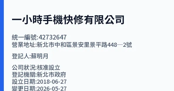 一小時手機快修有限公司的照片-統編 42732647(新北市) 公司登記資料與營業項目詳細圖表