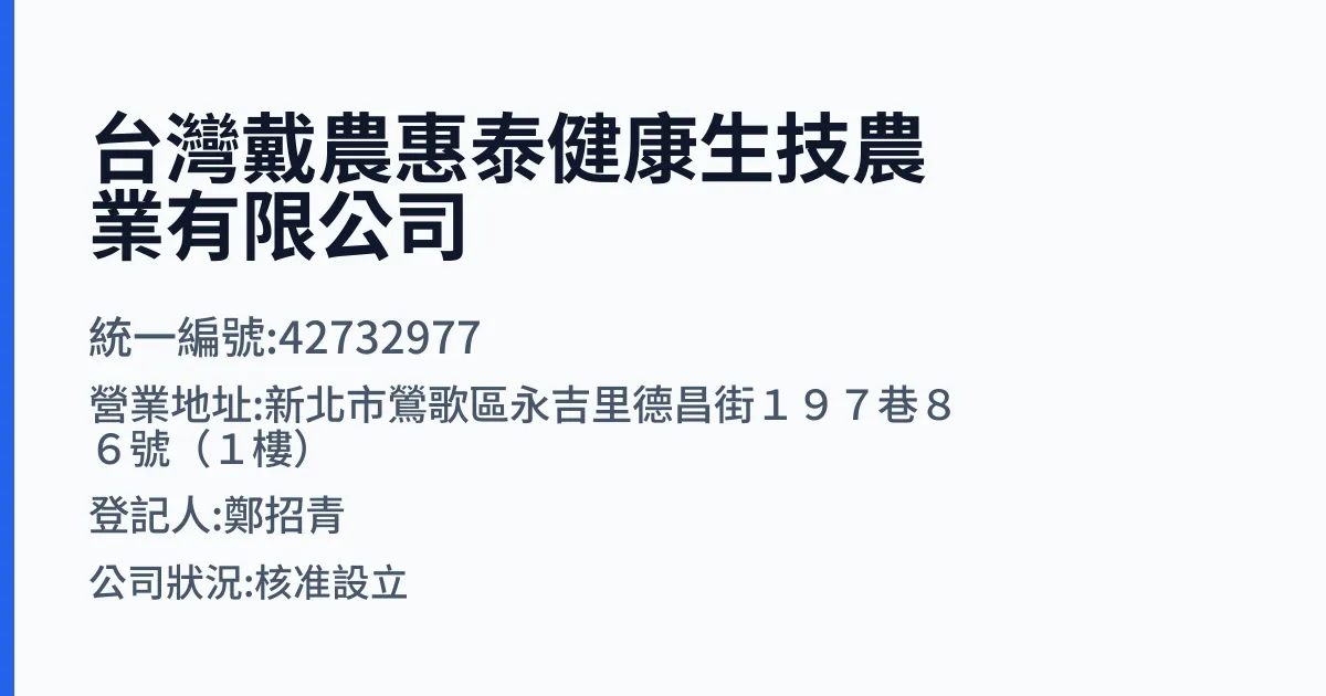 台灣戴農惠泰健康生技農業有限公司 - 統編 42732977(新北市) 公司登記資料與營業項目詳細圖表